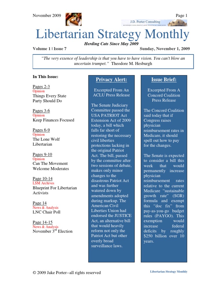 November 2009 Libertarian Strategy Monthly | PDF | Fundraising | Government