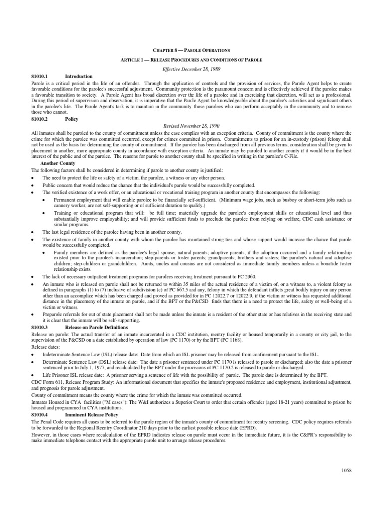 Chapter 8 - Parole Operations Article 1 - Release Procedures | PDF ...