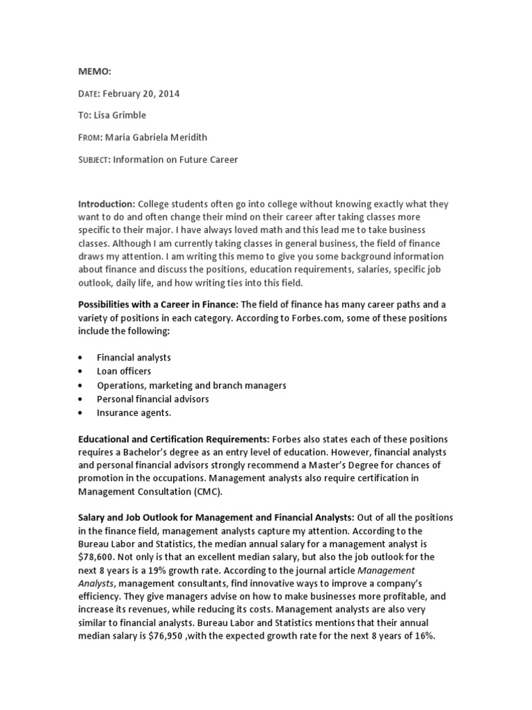 career research memo | Financial Analyst | Employment