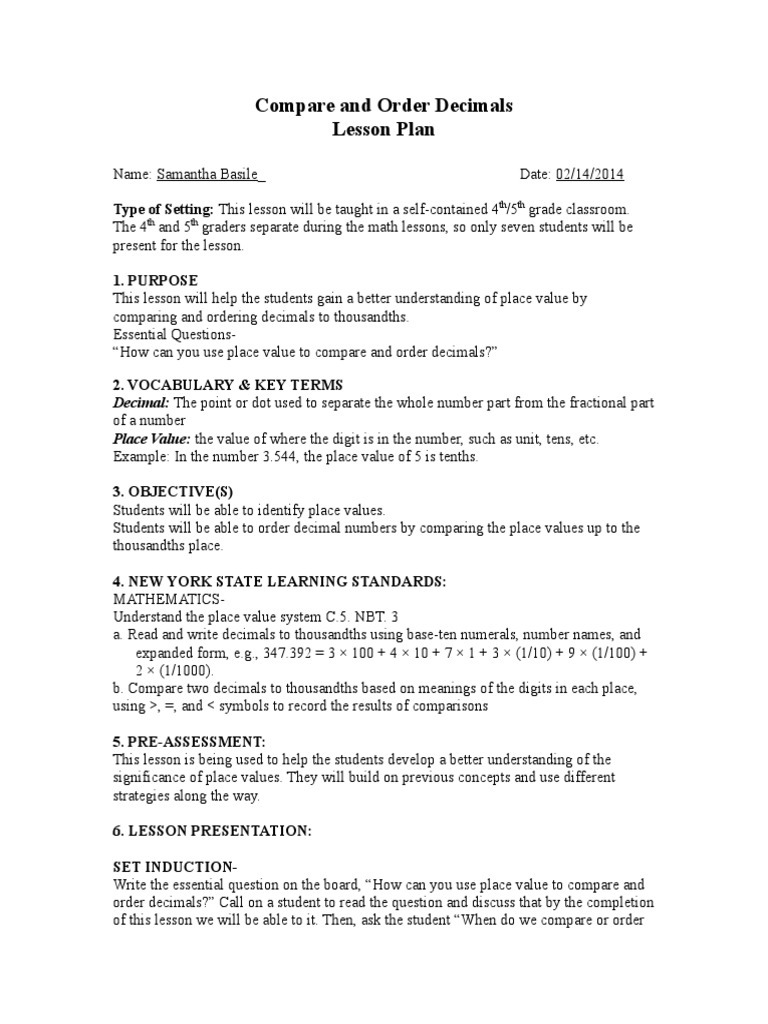 Comparing and Ordering Decimals Lesson Plan | PDF | Mathematical ...