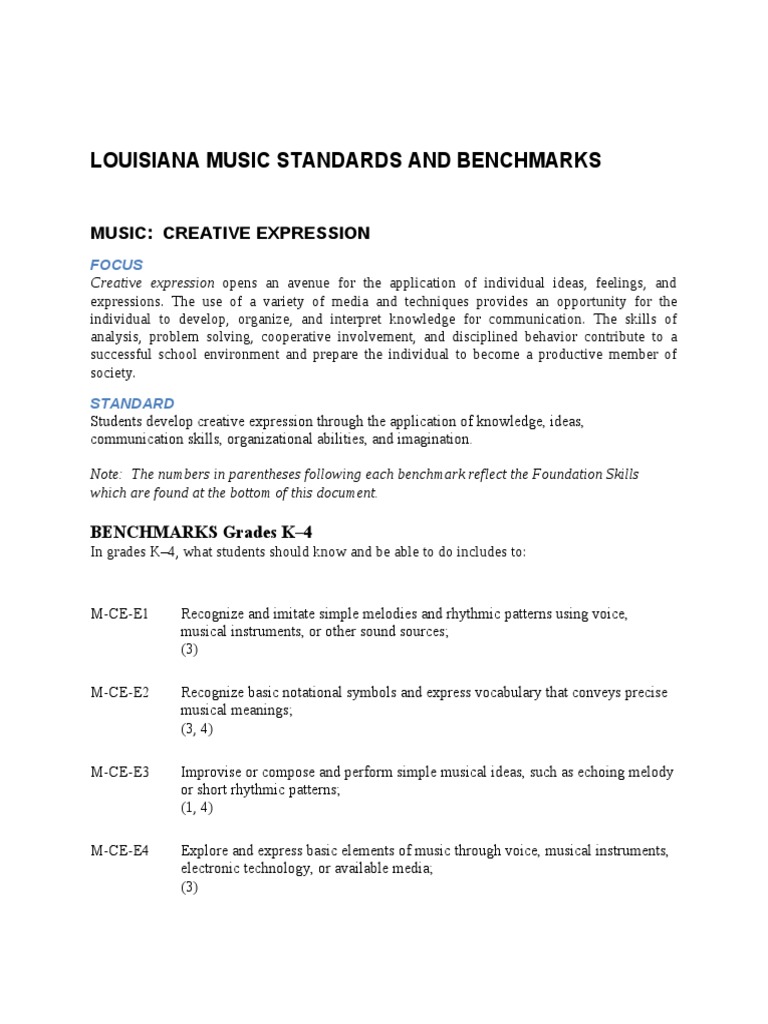 La. Music Standards and Benchmarks | PDF | Aesthetics | Singing