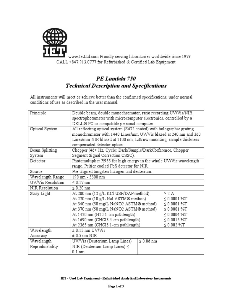 Refurbished PE Lambda 750 UV-Vis-NIR Spectrophotometer | PDF | Ultraviolet–Visible Spectroscopy ...