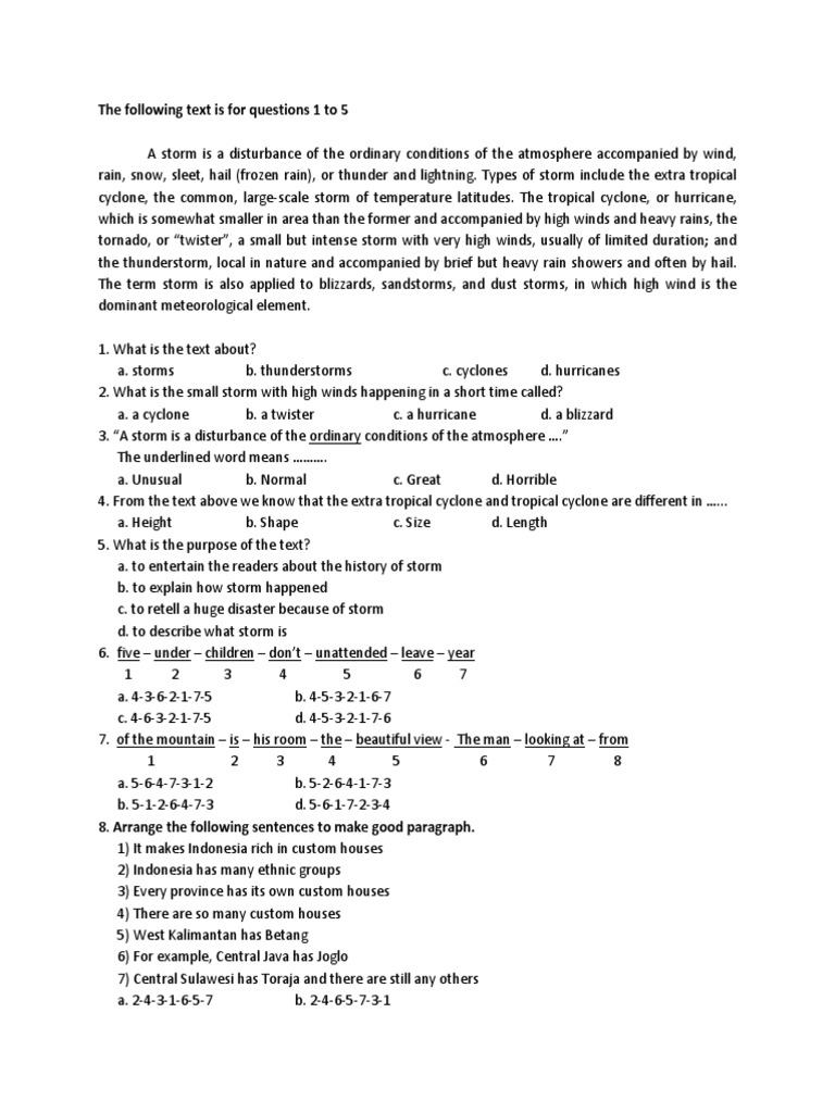 The Following Text Is For Questions 1 To 5 | PDF | Storms | Tropical ...