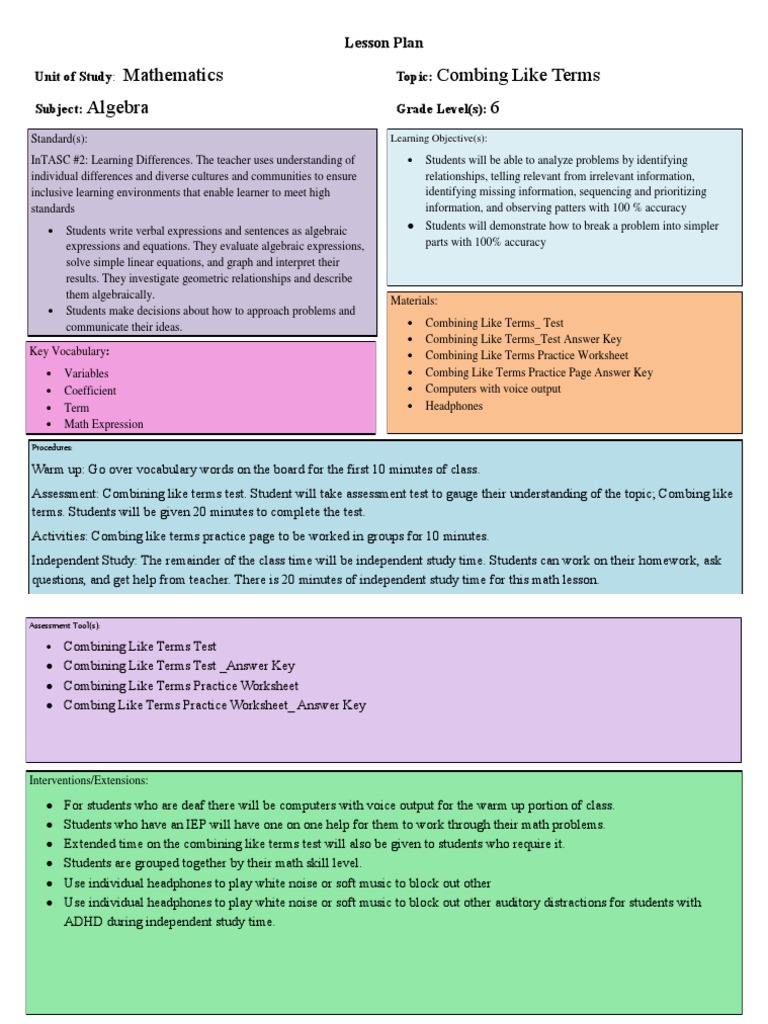 Lesson Plan 2 Like Terms | PDF | Lesson Plan | Educational Assessment