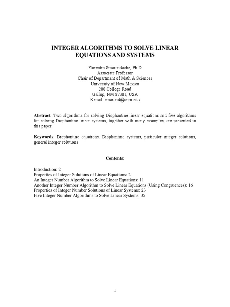 Integer Algorithms To Solve Linear Equations and Systems | PDF | Equations | System Of Linear ...