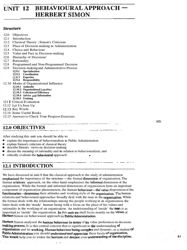 Public Administration Unit 12 Behavioural Approach Herbert Simon Pdf 4510