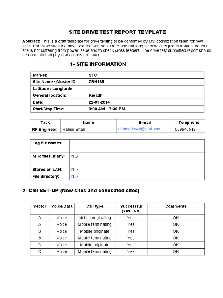 Drive Test Report Template for Sites | PDF