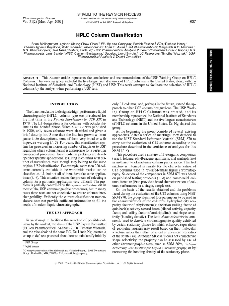 Usp Column Classification Pdf Chromatography High Performance