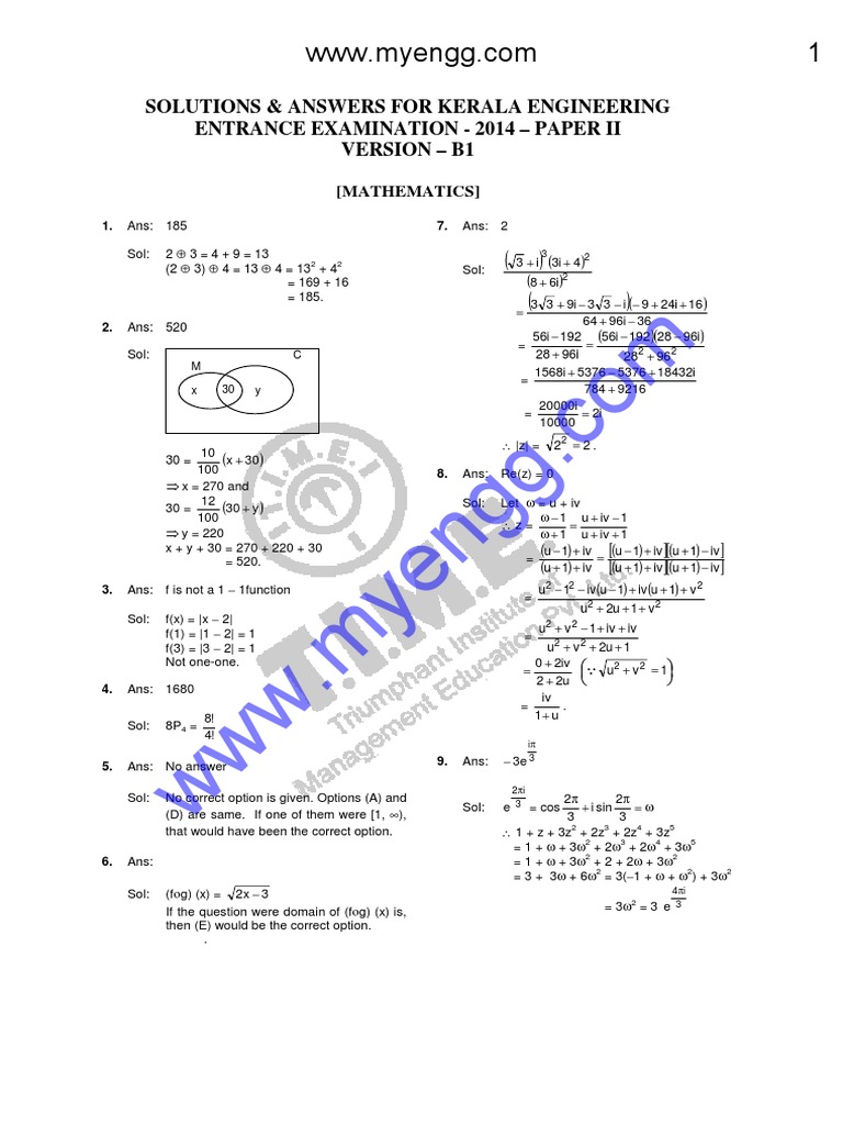 KEAM 2014 Mathematics Question Paper With Solutions | PDF