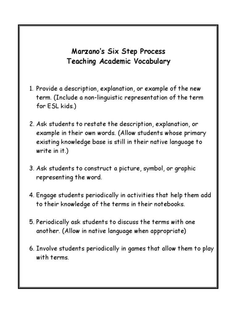 Marzano's Six Step Process for Teaching Academic Vocabulary: A ...