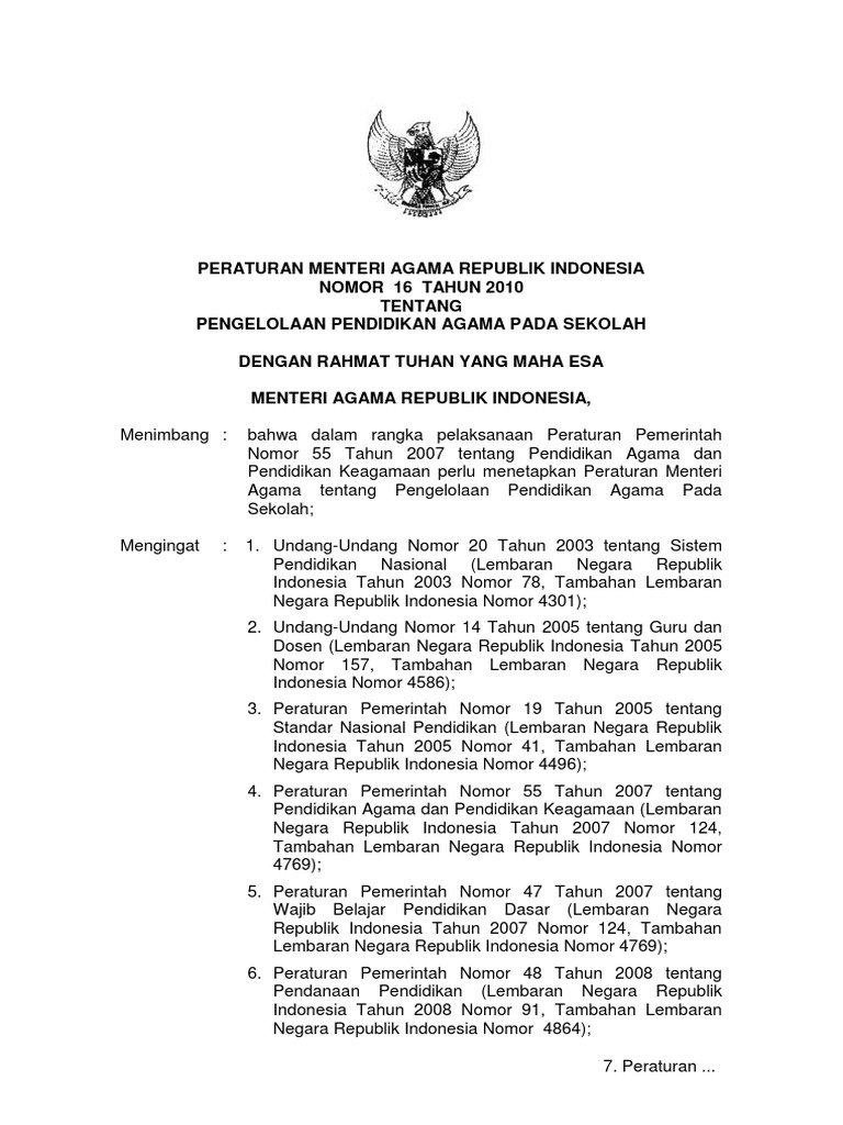 KMA 16 2010 Tentang Pengelolaan PAI Pada Sekolah | PDF