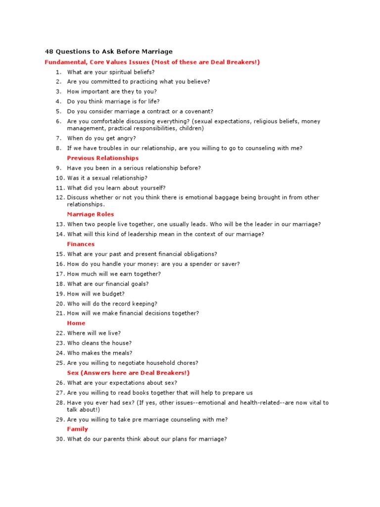 48 Questions To Ask Before Marriage | PDF | Marriage | Social Psychology