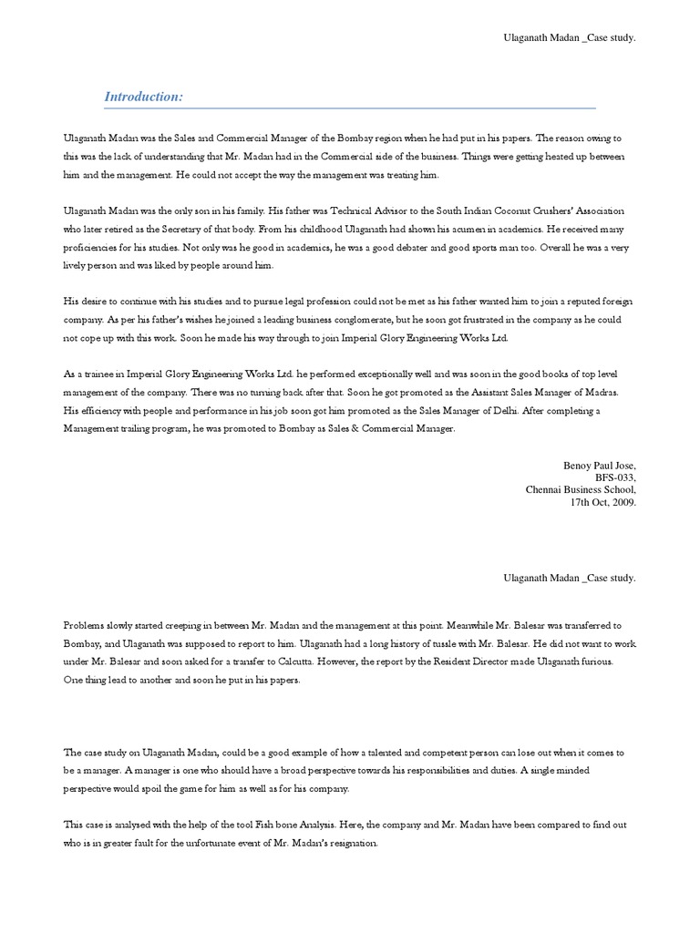 Fish Bone Analysis - Ulaganath Madan Case Study - Benoy.Chennai ...