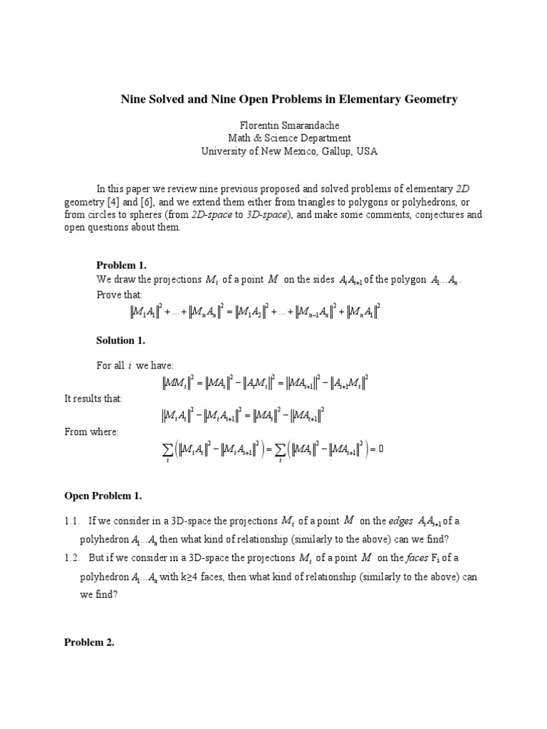 Nine Solved and Nine Open Problems in Elementary Geometry | PDF ...