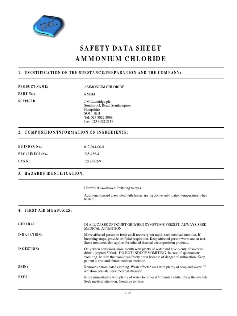 Safety Data Sheet Ammonium Chloride: 1. Identification of The Substance ...