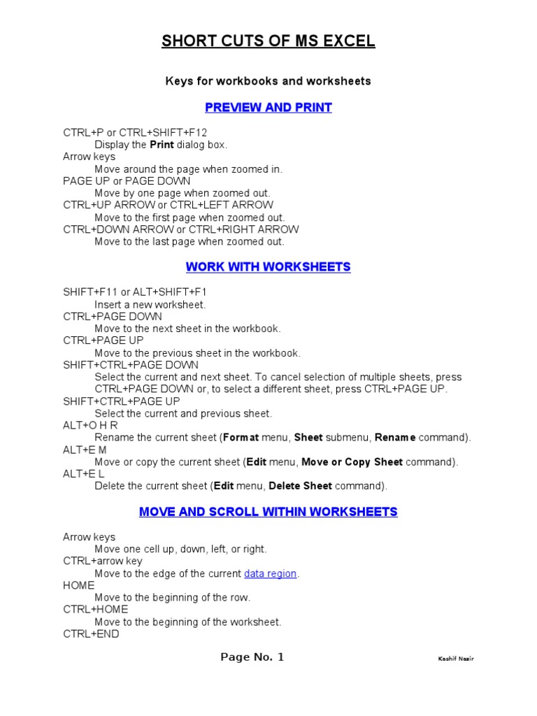 Short Cuts Of Ms Excel Pdf Menu Computing Software