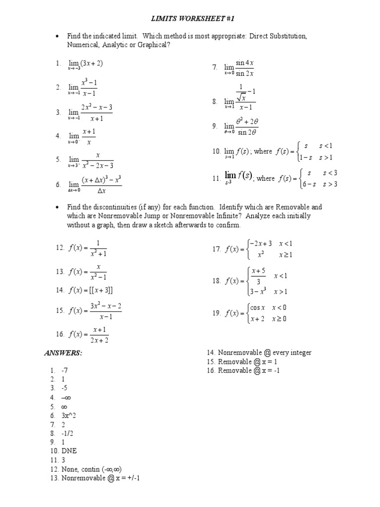Limits and Continuity Worksheet | PDF | Discrete Mathematics | Teaching ...