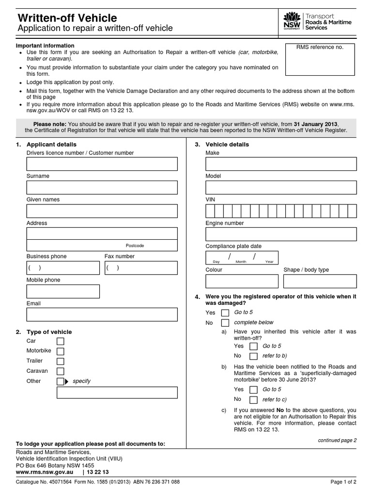 Application To Repair A Written-Off Vehicle | PDF | Driver's License ...