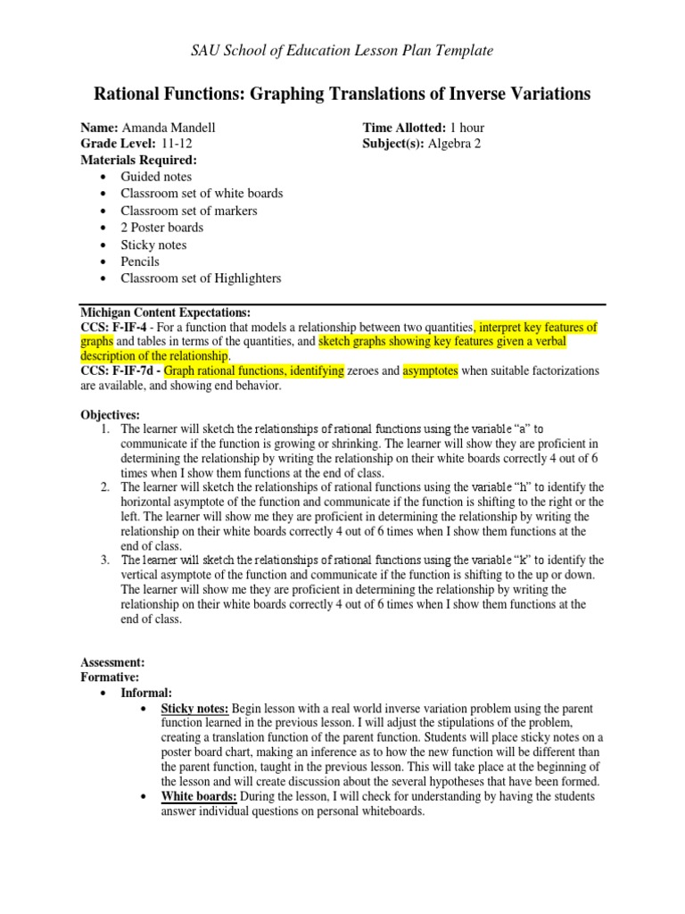 Inverse Variation Translations Lesson Plan | PDF | Asymptote ...