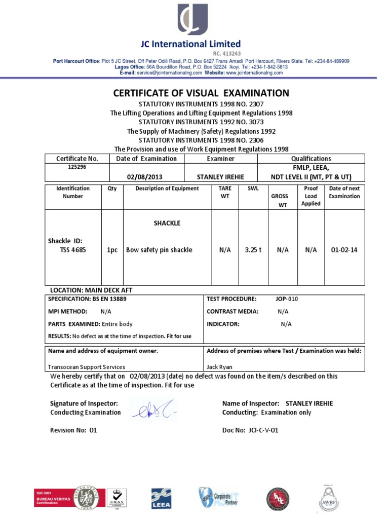 Certificate of Visual Examination: International Limited | PDF | Post ...