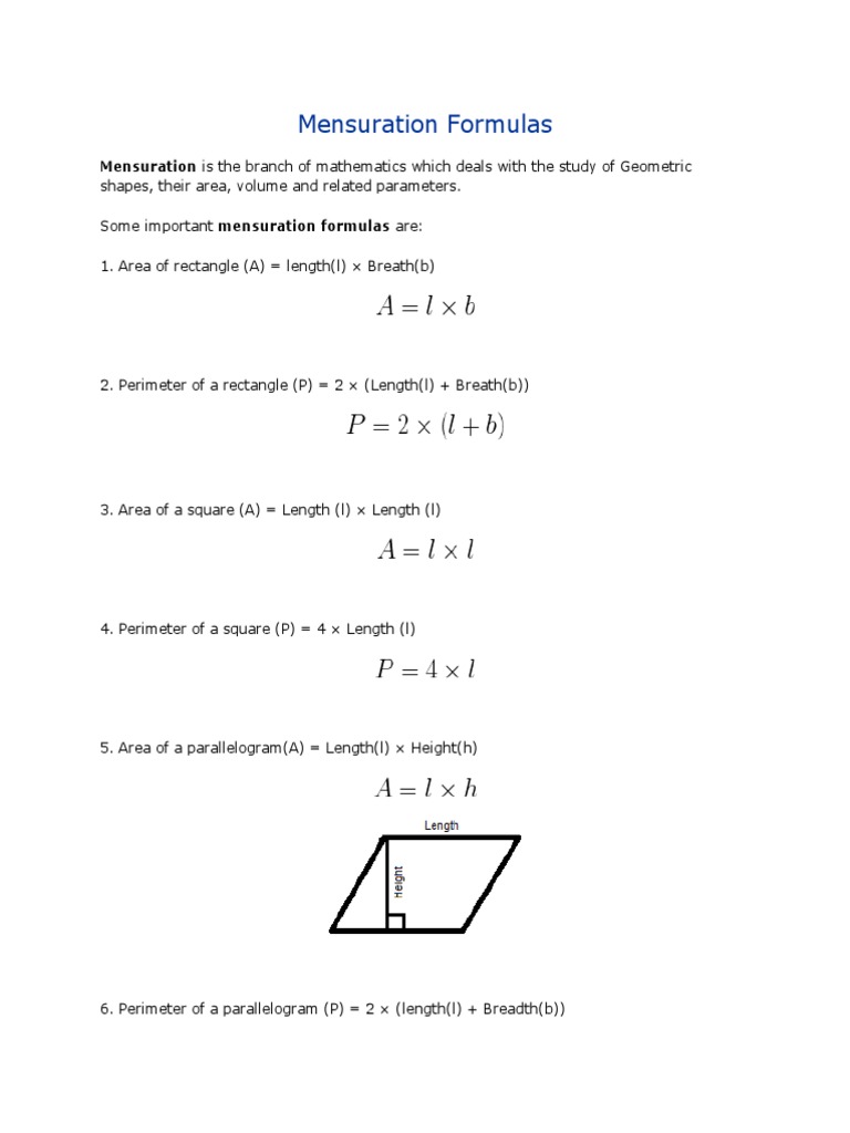 Mensuration Formulas | PDF | Area | Triangle