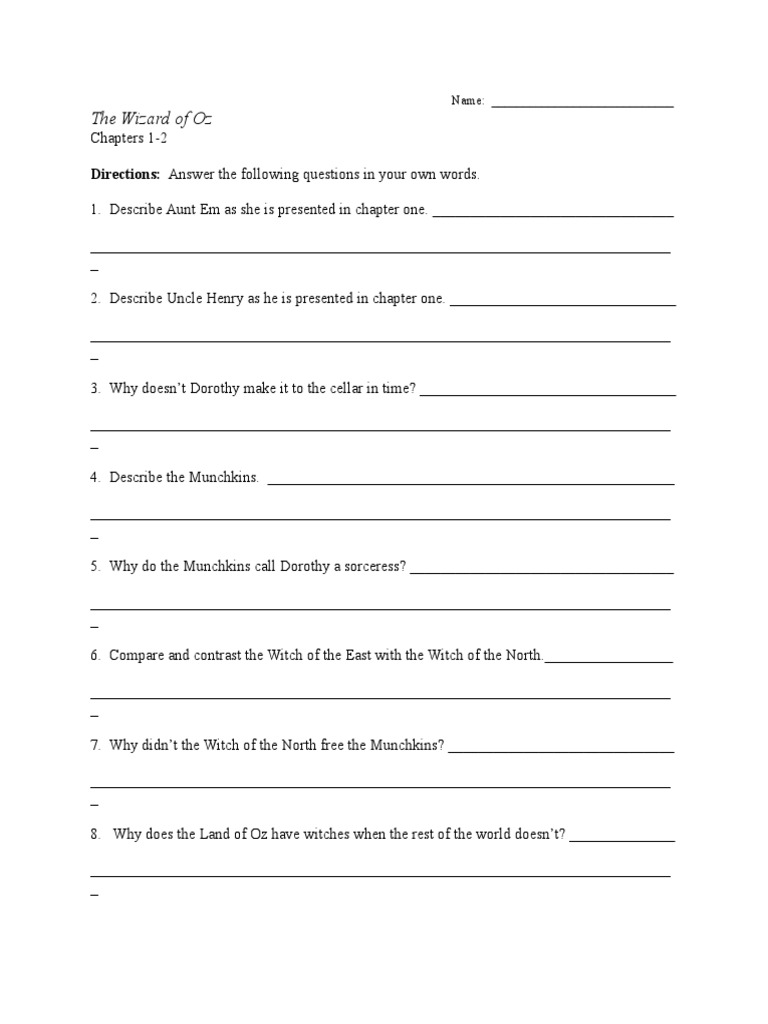 Wizard of Oz Chapters 1-2 Worksheet | PDF