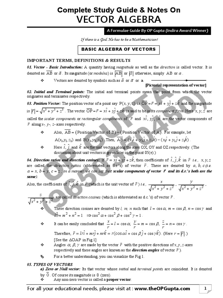 Vector Algebra: Complete Study Guide & Notes On | PDF | Euclidean ...