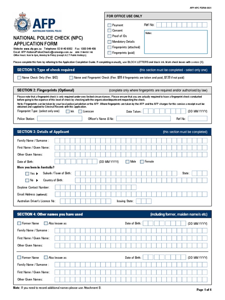 National Police Check (NPC) Application Form: SECTION 1: Type of Check ...