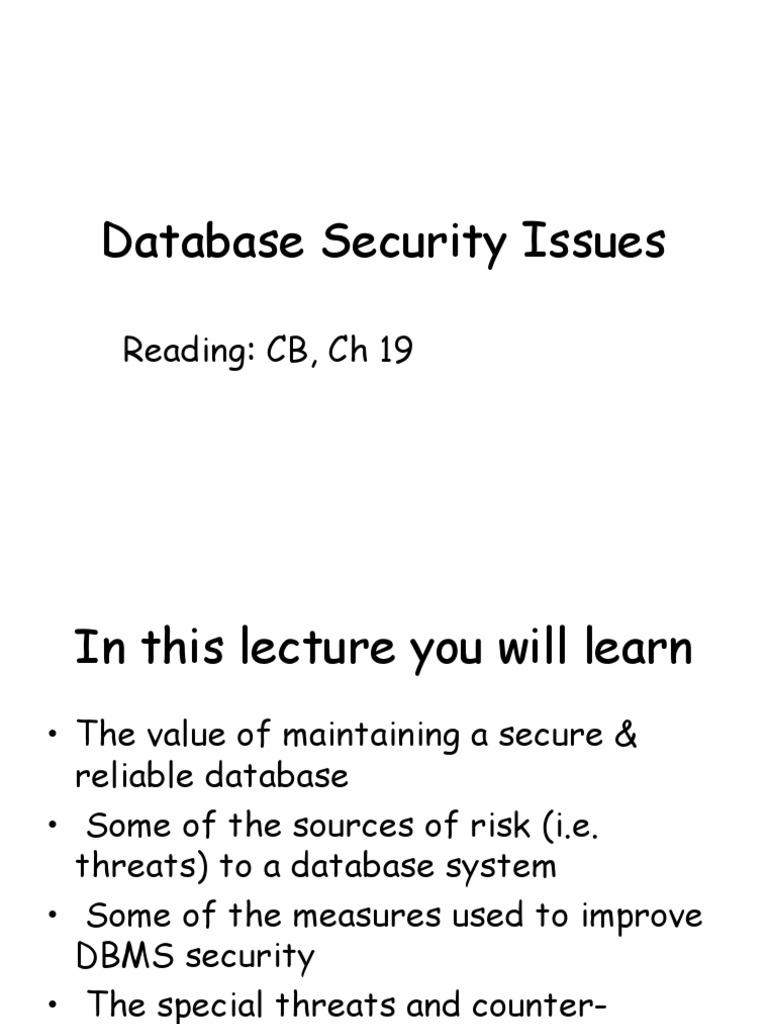 Database Security Issues: Reading: CB, CH 19 | PDF | Public Key Cryptography | Key (Cryptography)