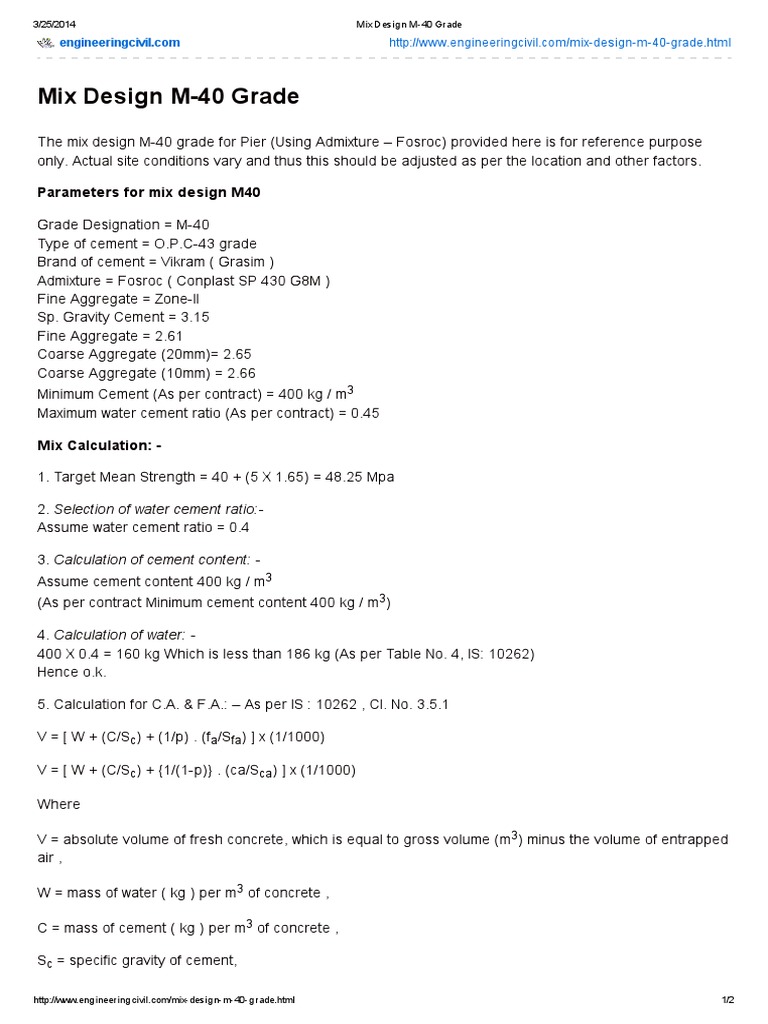 Mix Design M-40 Grade | PDF | Kilogram | Construction Aggregate
