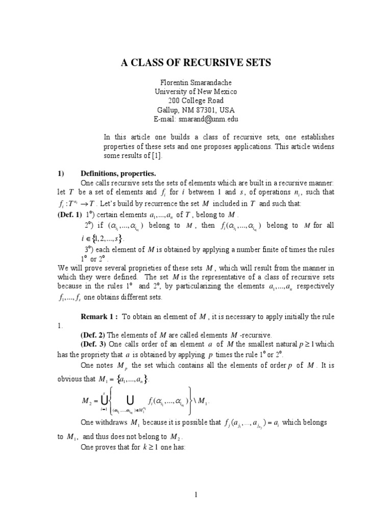 A Class of Recursive Sets | PDF | Recursion | Set (Mathematics)