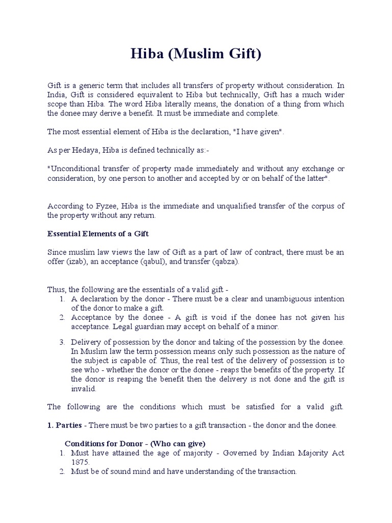 Hiba Under Muslim Law | PDF | Ownership | Property