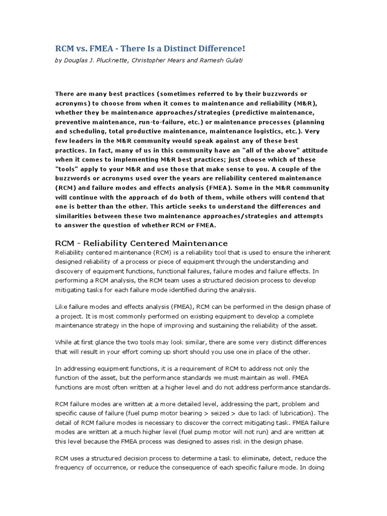 RCM vs. FMEA - There Is A Distinct Difference!: RCM - Reliability ...