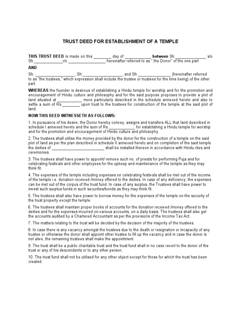 Trust Deed For Establishment of A Temple | PDF | Trust Law | Trustee