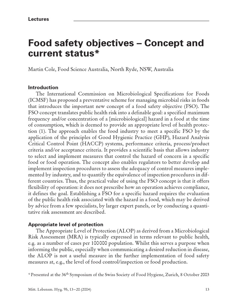 Food Safety Objectives - Concept and Current Status : Lectures | PDF