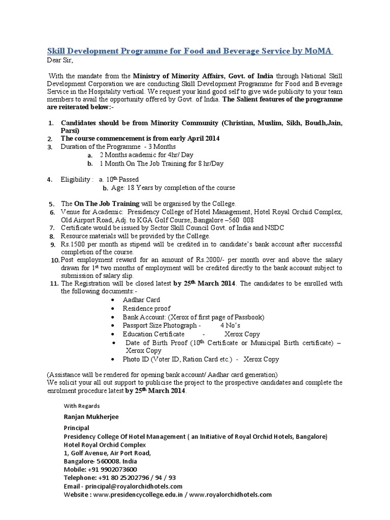 Skill Development Programme For Food and Beverage Service by Moma ...