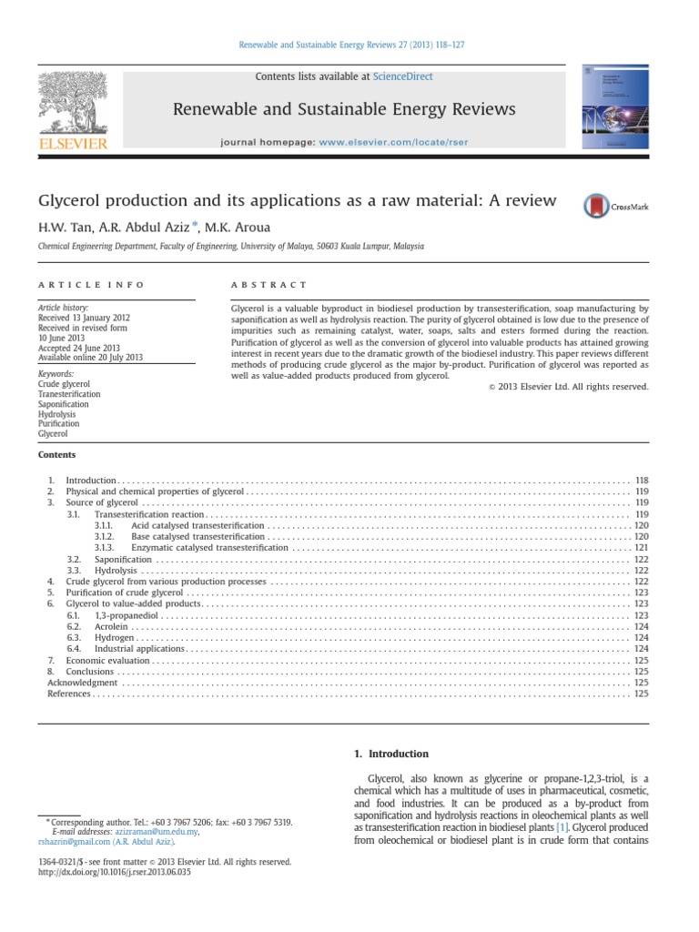 Glycerol Production and Applications Review | PDF | Glycerol | Catalysis