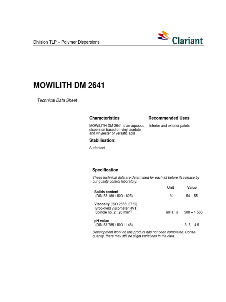 Mowilith DM 2641: Division TLP - Polymer Dispersions | PDF | Paint ...