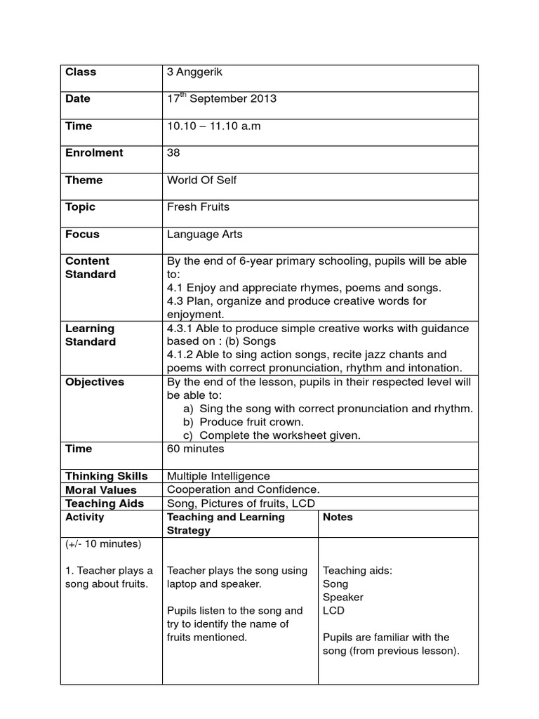 Class Date Time Enrolment Theme Topic Focus Content Standard | PDF ...