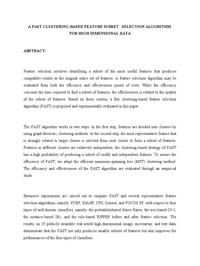 A Fast Clustering Based Feature Subset Selection Algorithm For High Dimensional Data Pdf