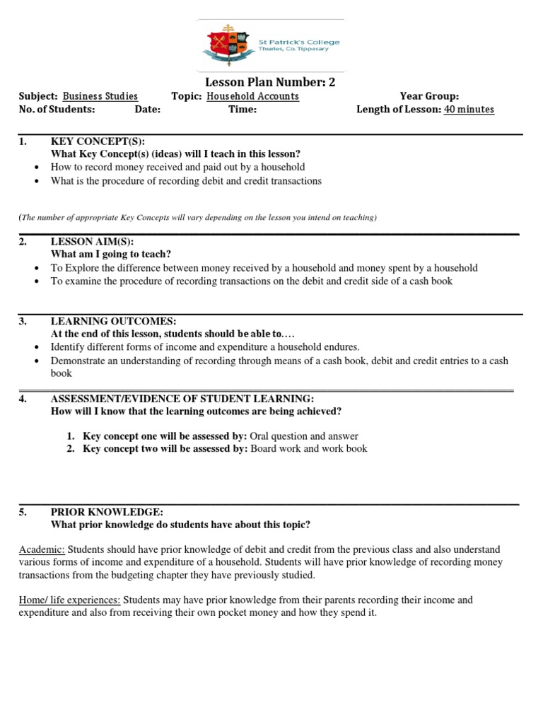 Lesson Plan 2 - Household Accounts | PDF | Debits And Credits | Lesson Plan