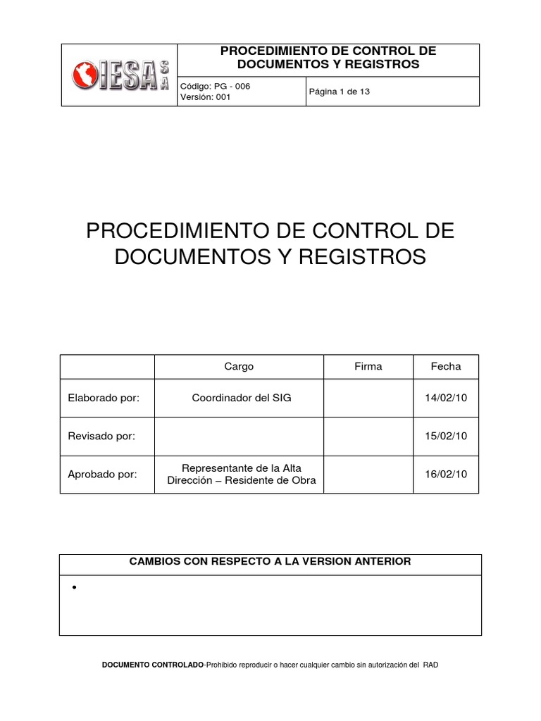 PG-006 - Procedimiento de Control de Documentos y Registros | PDF ...