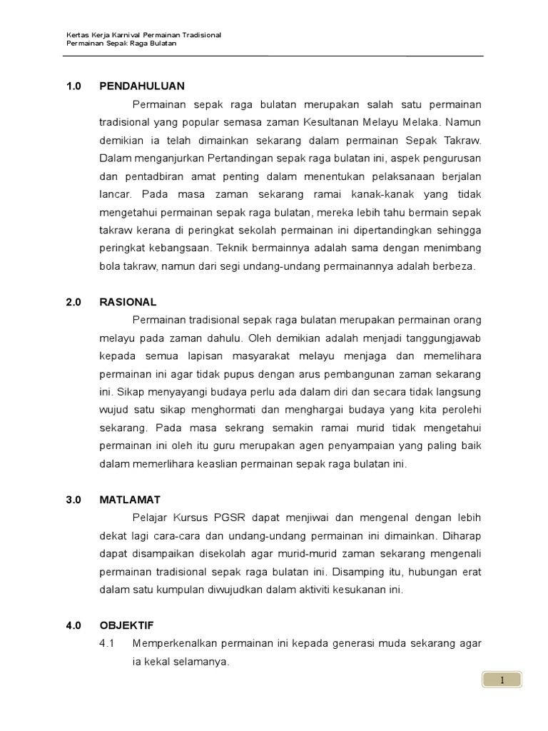Kertas Kerja Permainan Tradisional Sepak Raga Bulatan Terbaru | PDF