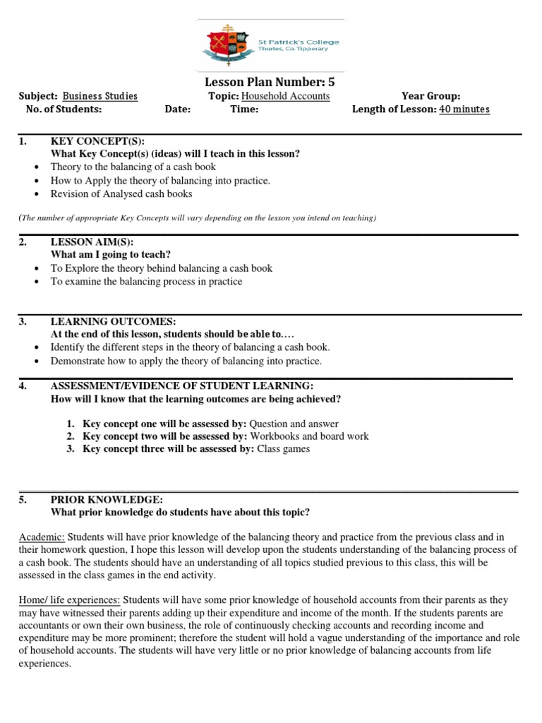 Balancing Household Accounts Lesson Plan | PDF | Concept | Debits And ...