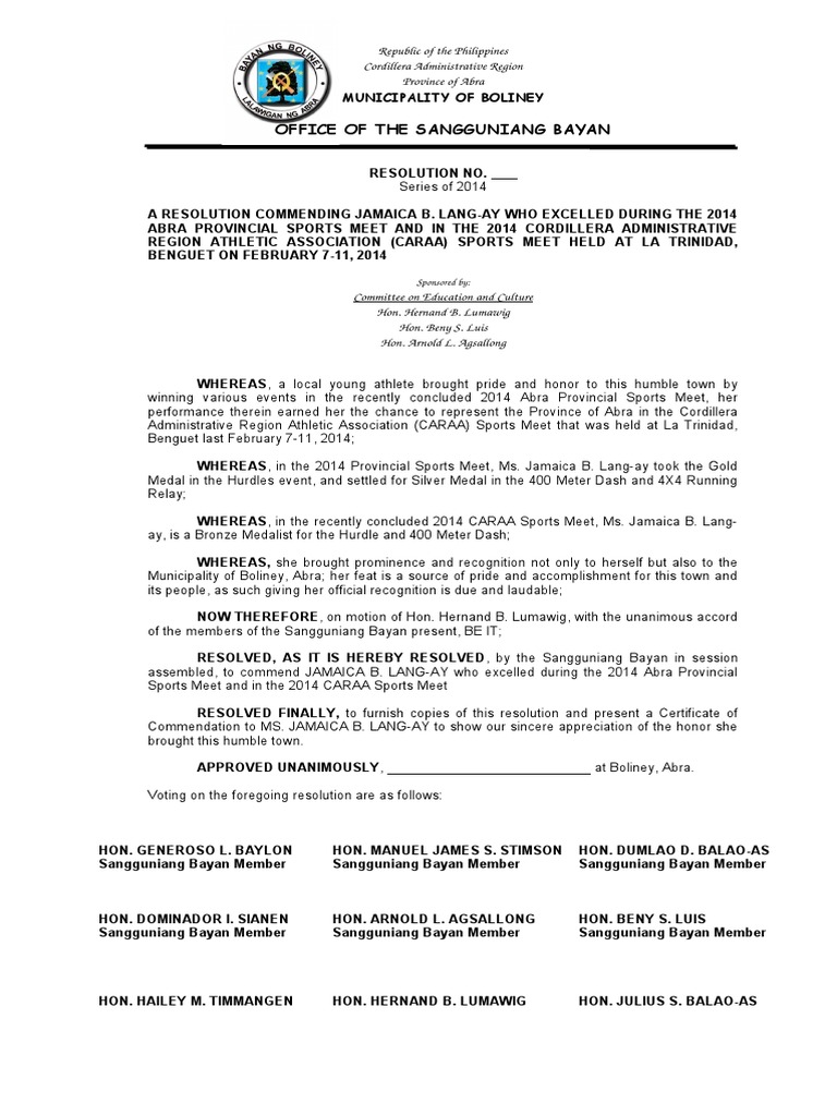 Office of The Sangguniang Bayan: Republic of The Philippines Cordillera ...