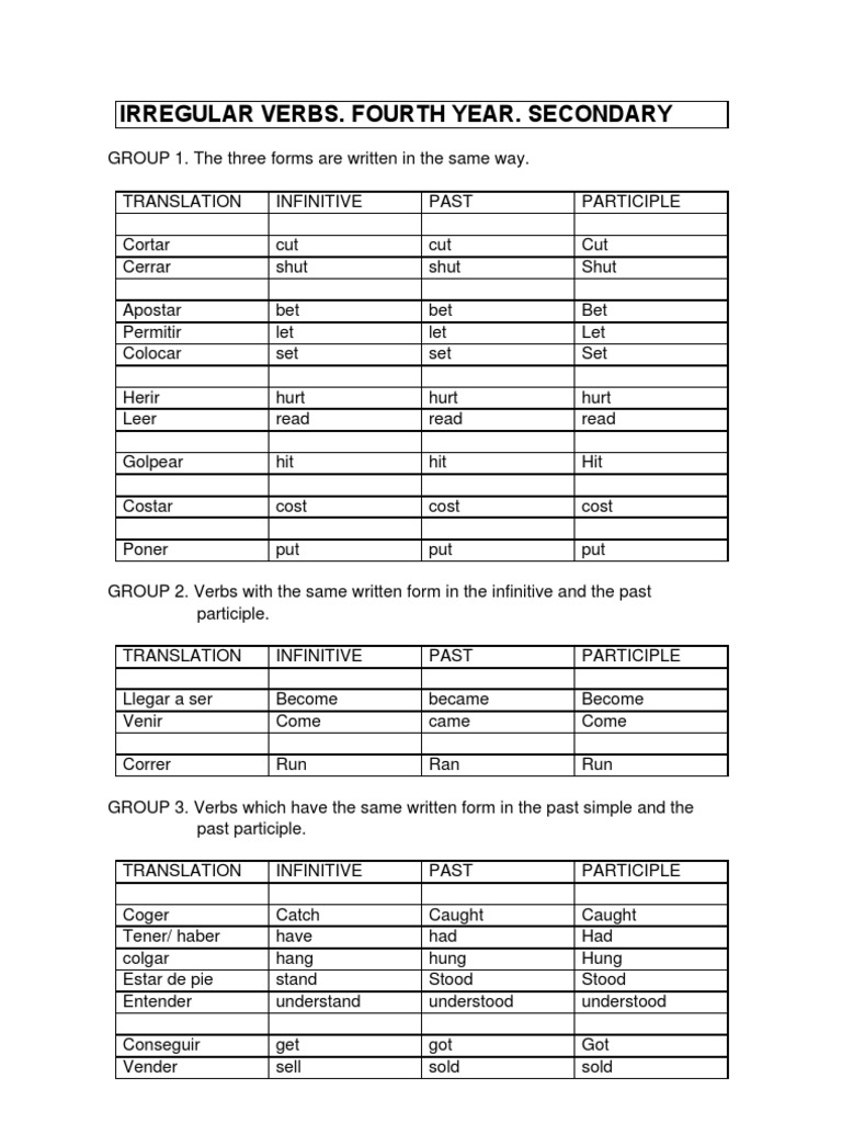 Hoja Irregular Verbs. 4 Eso. 4 GROUPS | PDF | Semantics | Grammatical Conjugation