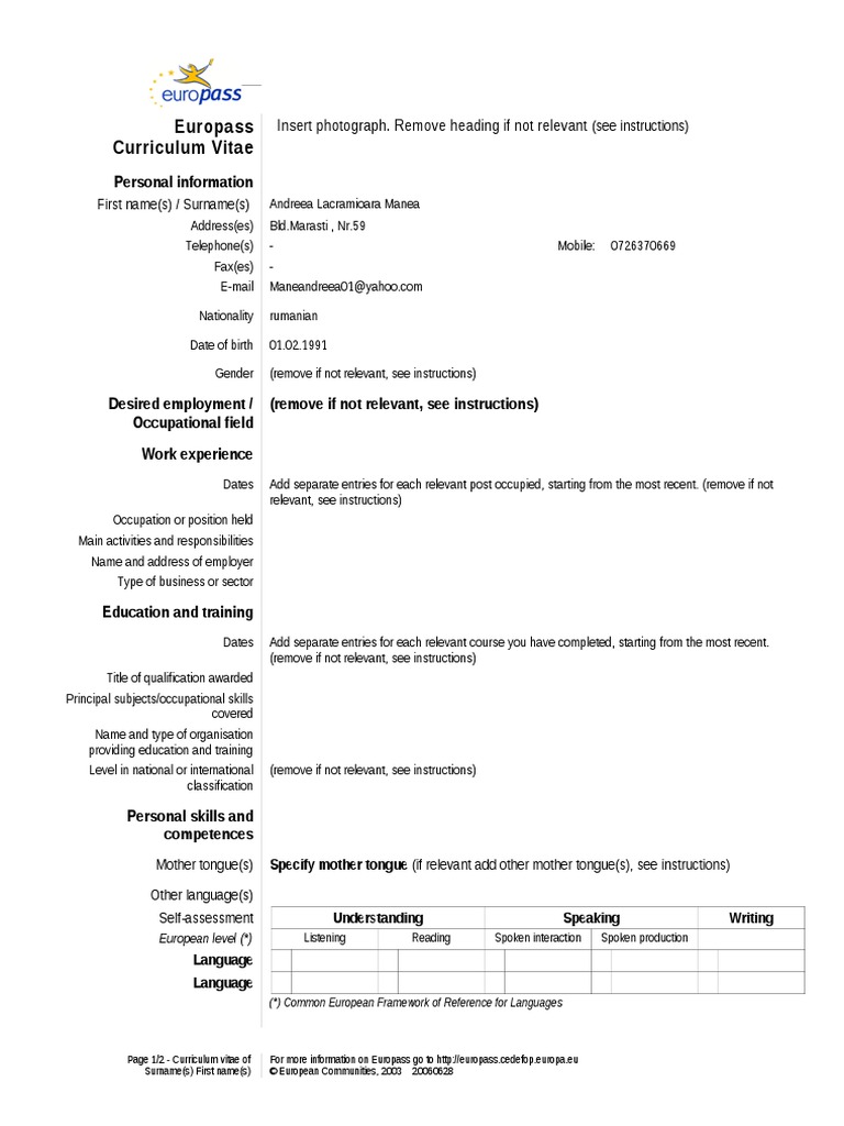 Europass CV (Template-En) | PDF | Learning | Communication