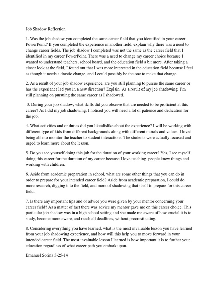 Job Shadow Reflection | PDF | Mentorship | Teachers