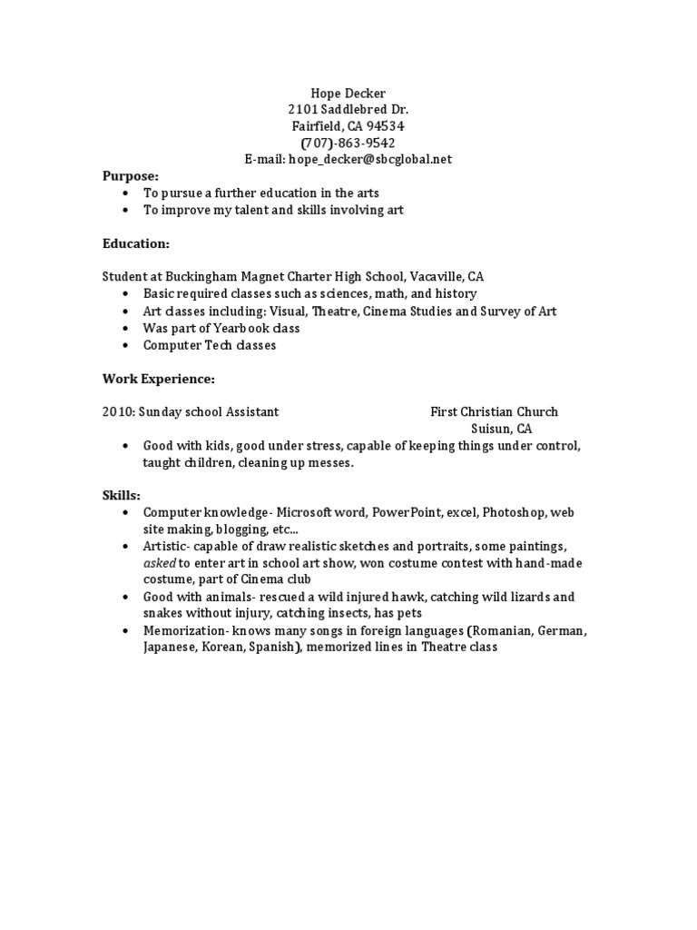 Hope Decker's Art Education & Skills Resume | PDF