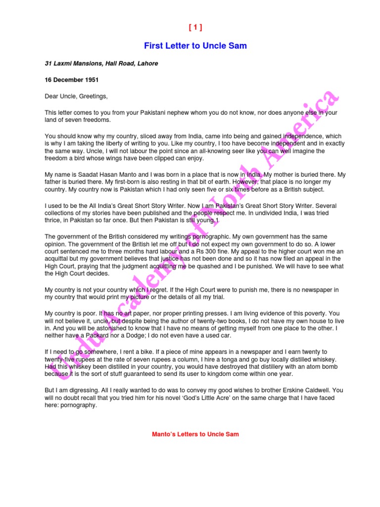 Manto Letters To Uncle Sam1 | PDF